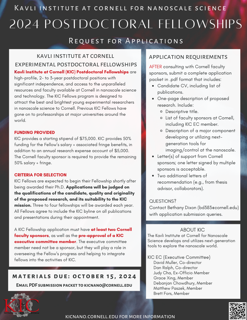 Apply Now! 2024 KIC Experimental Postdoctoral Fellowship | Kavli Institute at Cornell (KIC)